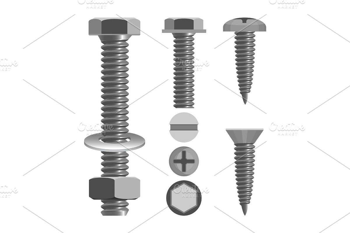 Bolts and nuts with different screw heads types realistic vector ...