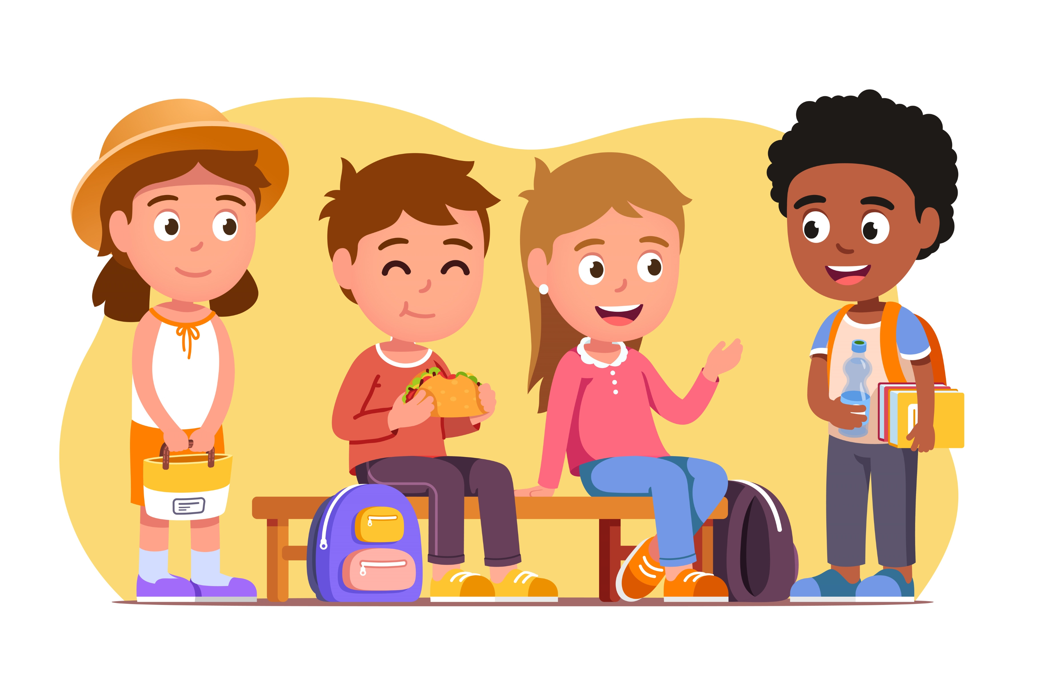 Students sitting, eating, chatting, an Education Illustration by ...