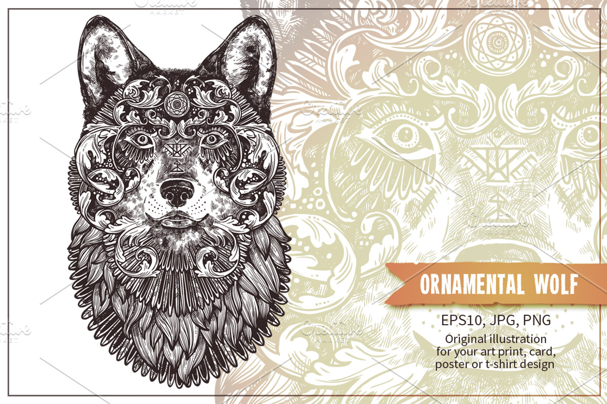Ornamental Hand Drawn Wolf, an Animal Illustration by alexrockheart