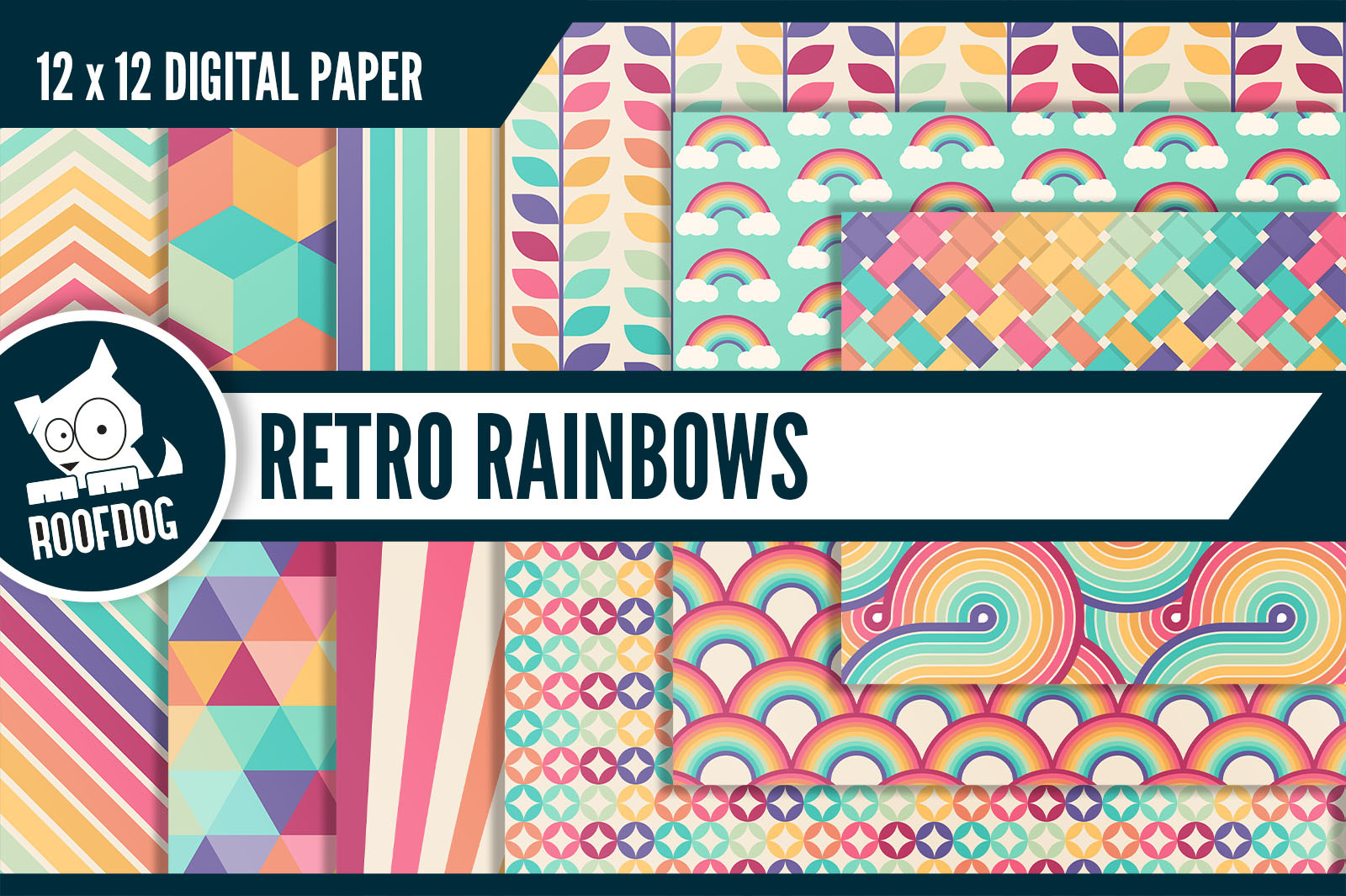 Retro rainbow digital paper, a Pattern Graphic by Roofdog Design