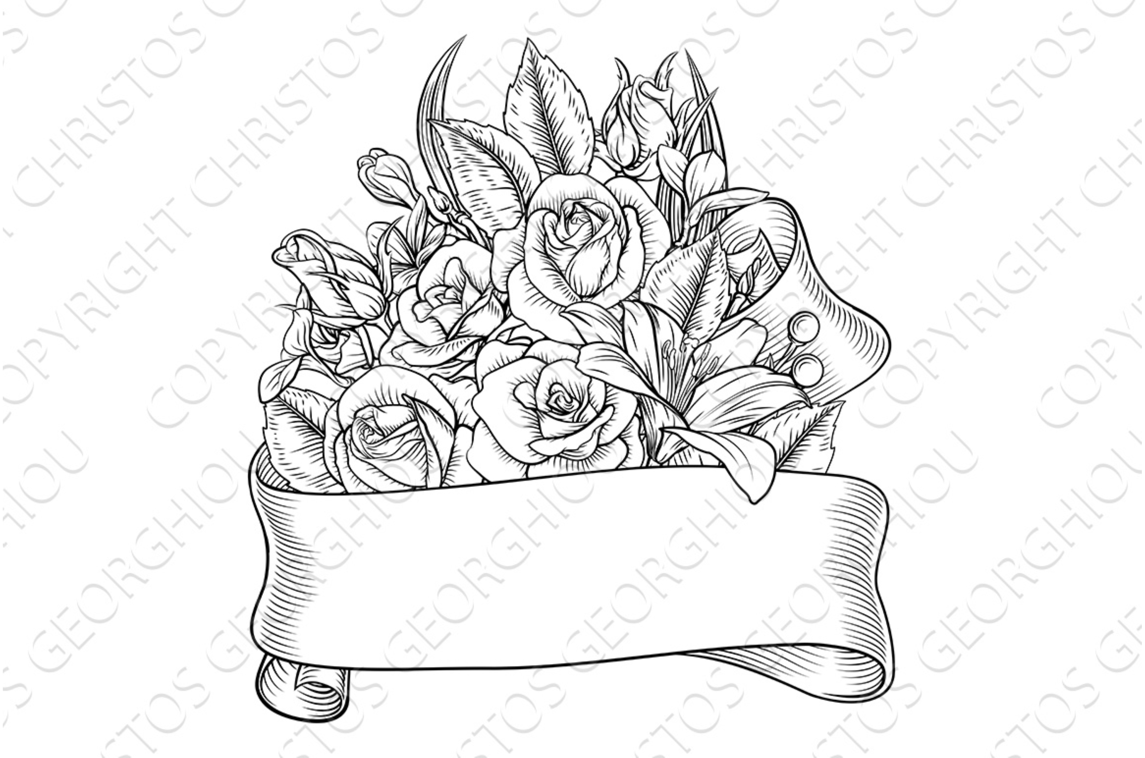 Flowers Floral Rose Bouquet Scroll, an Illustration by Christos Georghiou