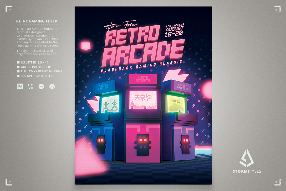Retro Gaming Flyer 1980s Arcades, a Flyer Template by Storm Pixels