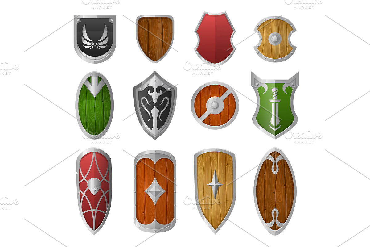 Cartoon shields. Wooden and metal, an Object Graphic by winwin.art ...