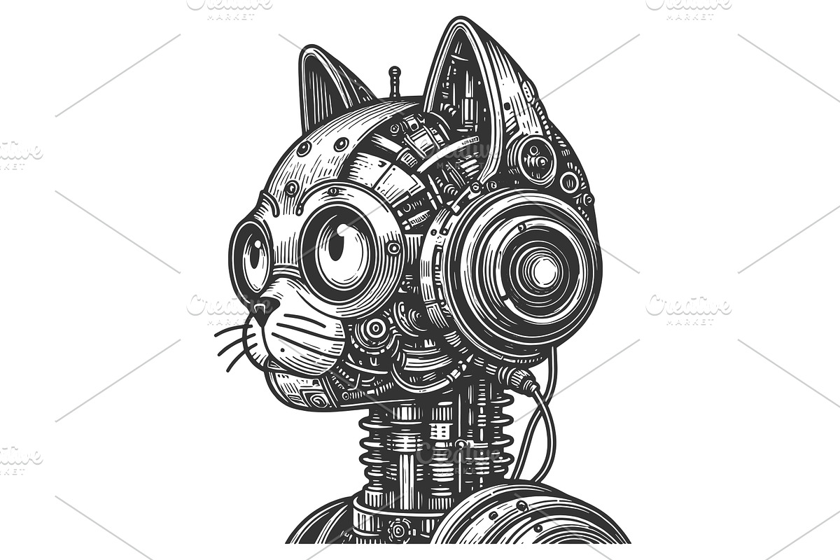 Steampunk Robotic Cat engraving, a Technology Illustration by AlexArt ...