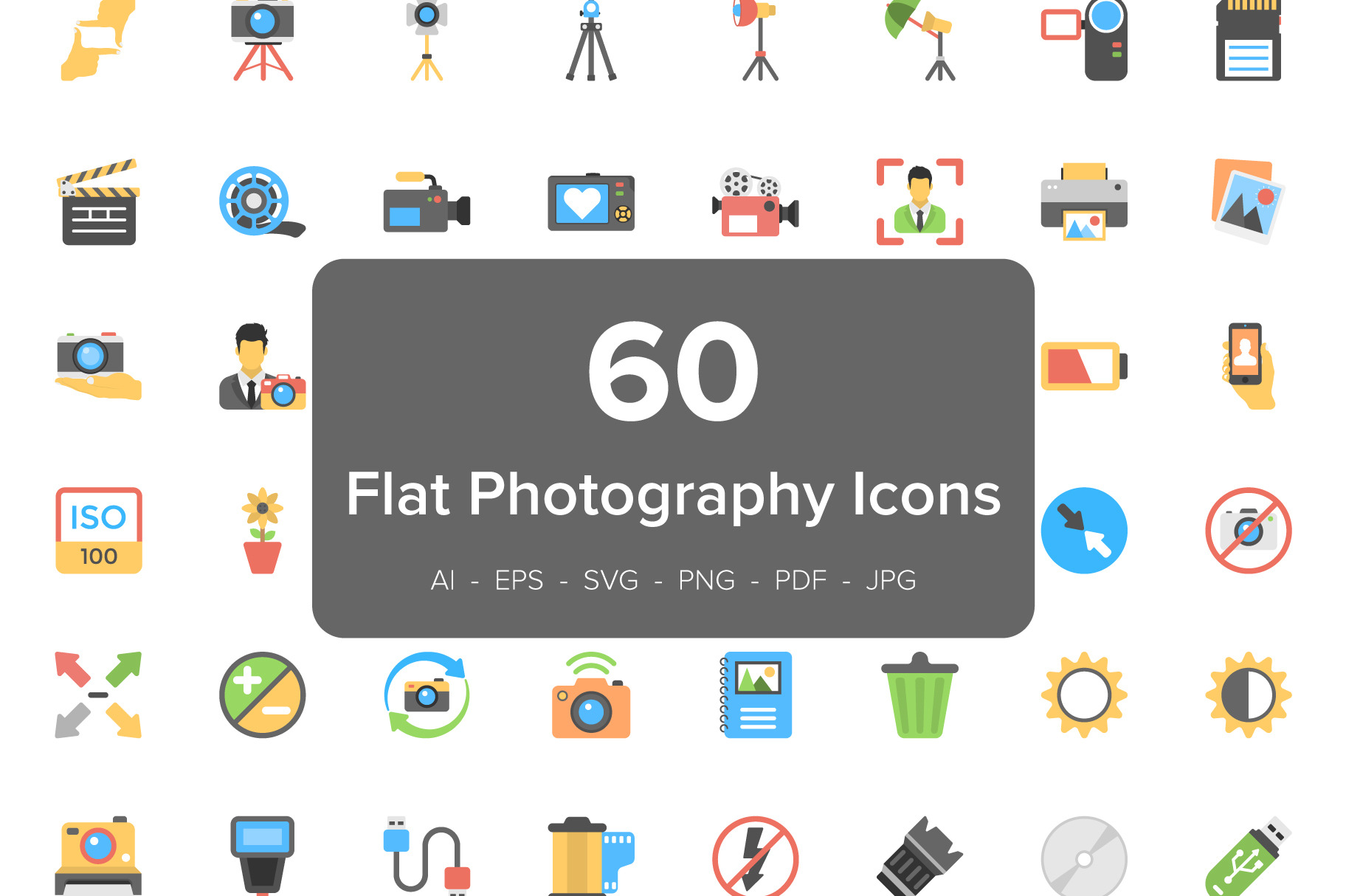 60 Photography Flat Vector Icons, an Icon by Creative Stall