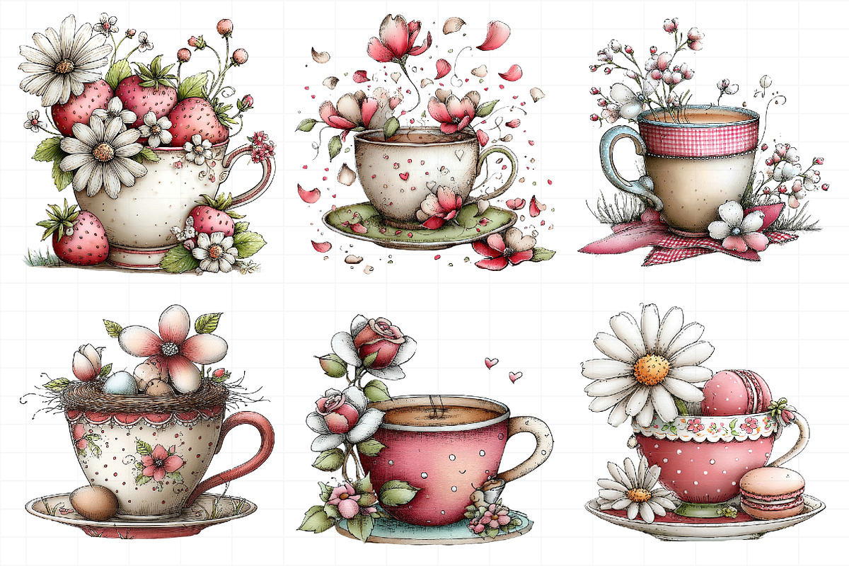 Whimsical Spring Tea Cup Clipart, an Illustration by Daily.Designs