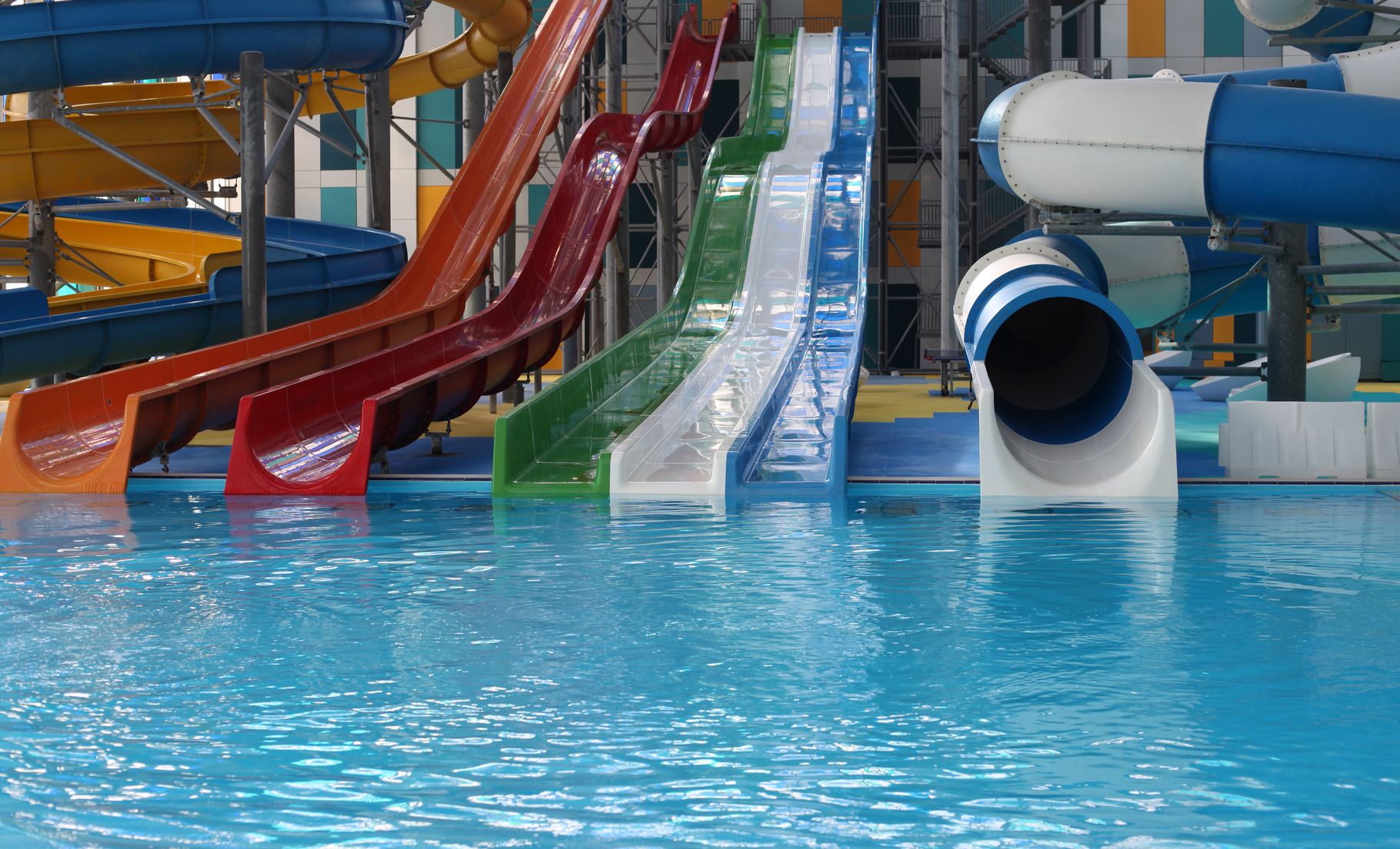 Water park blue pool slide swimming containing pool, slide, and water ...
