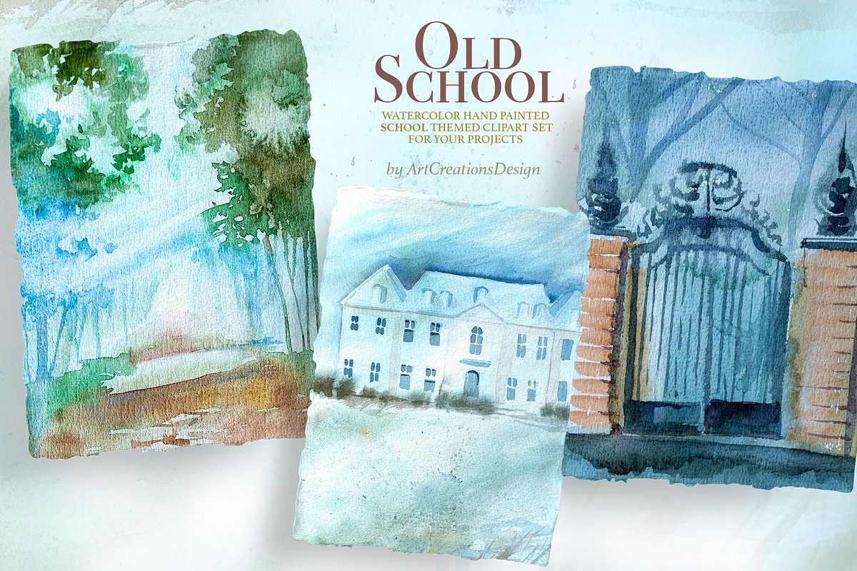 Watercolor Old School Clipart Set, a Seasonal Illustration by ...