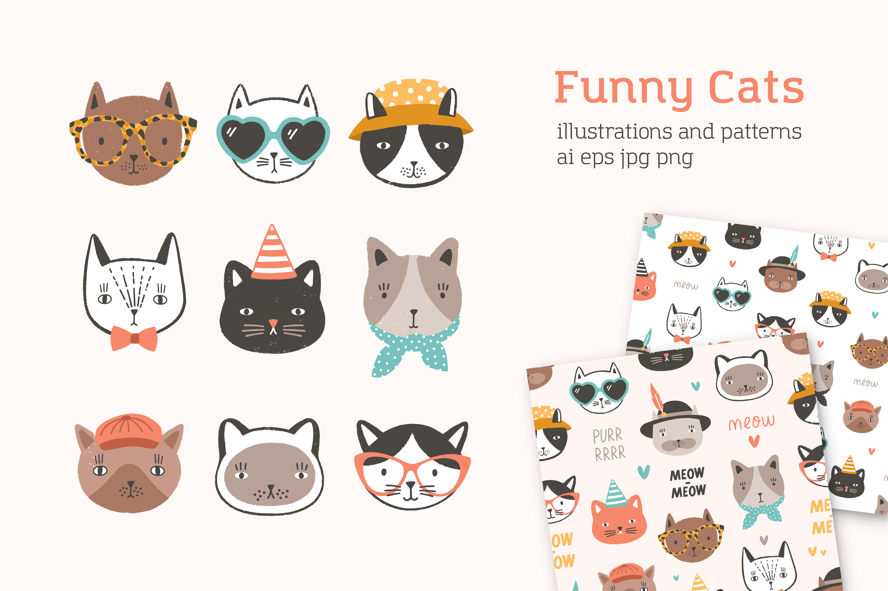 Funny cats set and seamless, a Pattern Graphic by Good Studio
