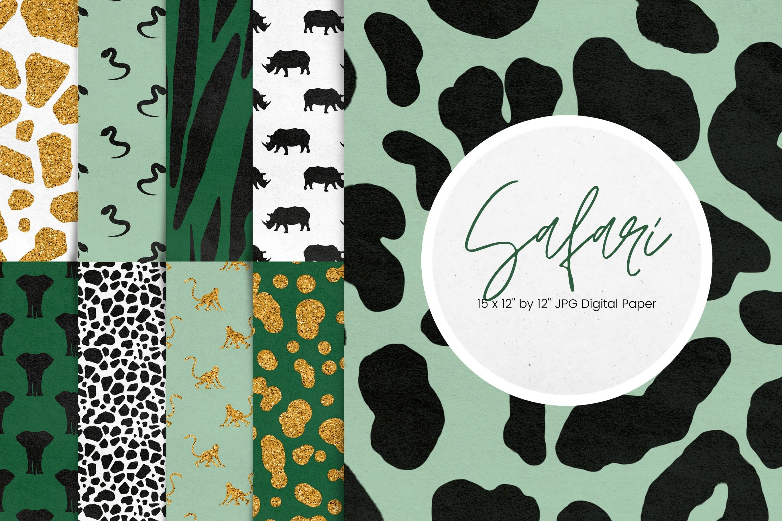 Gold Glitter Green and White Safari, a Pattern Graphic by Pixafied