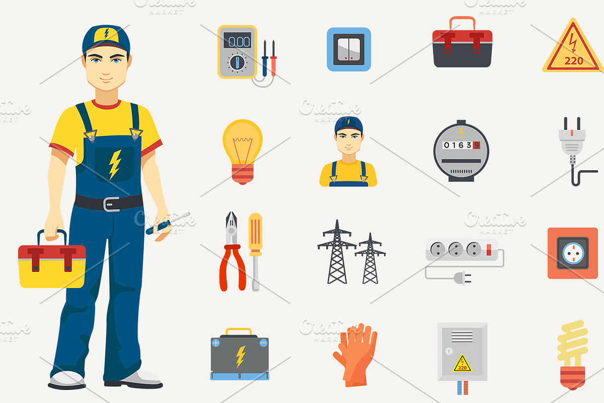 Electrician man pack+icons & concept, a Graphic by Lemberg Vector