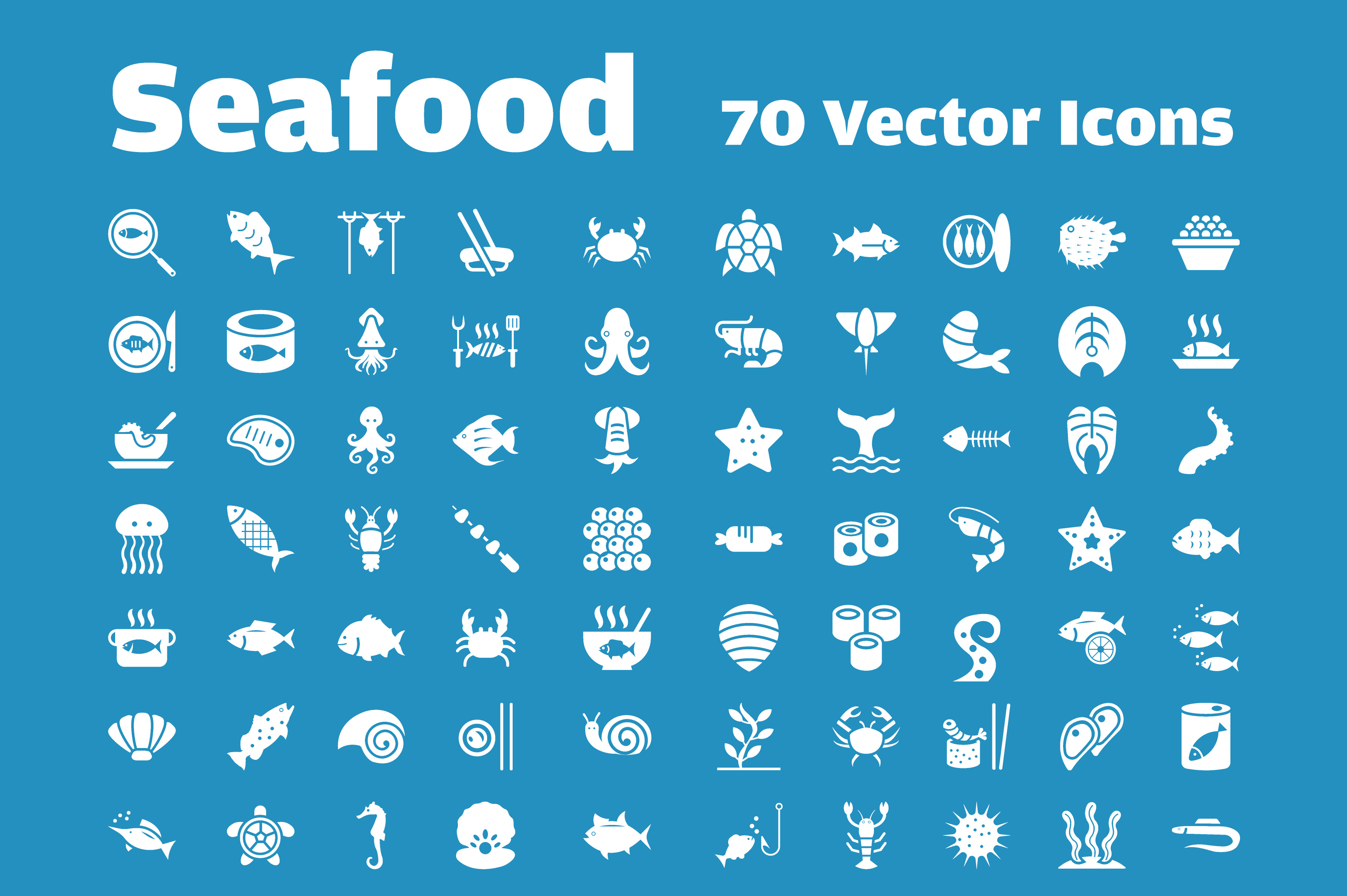 70 Seafood Vector Icons, a Solid Icon by Vectors Market