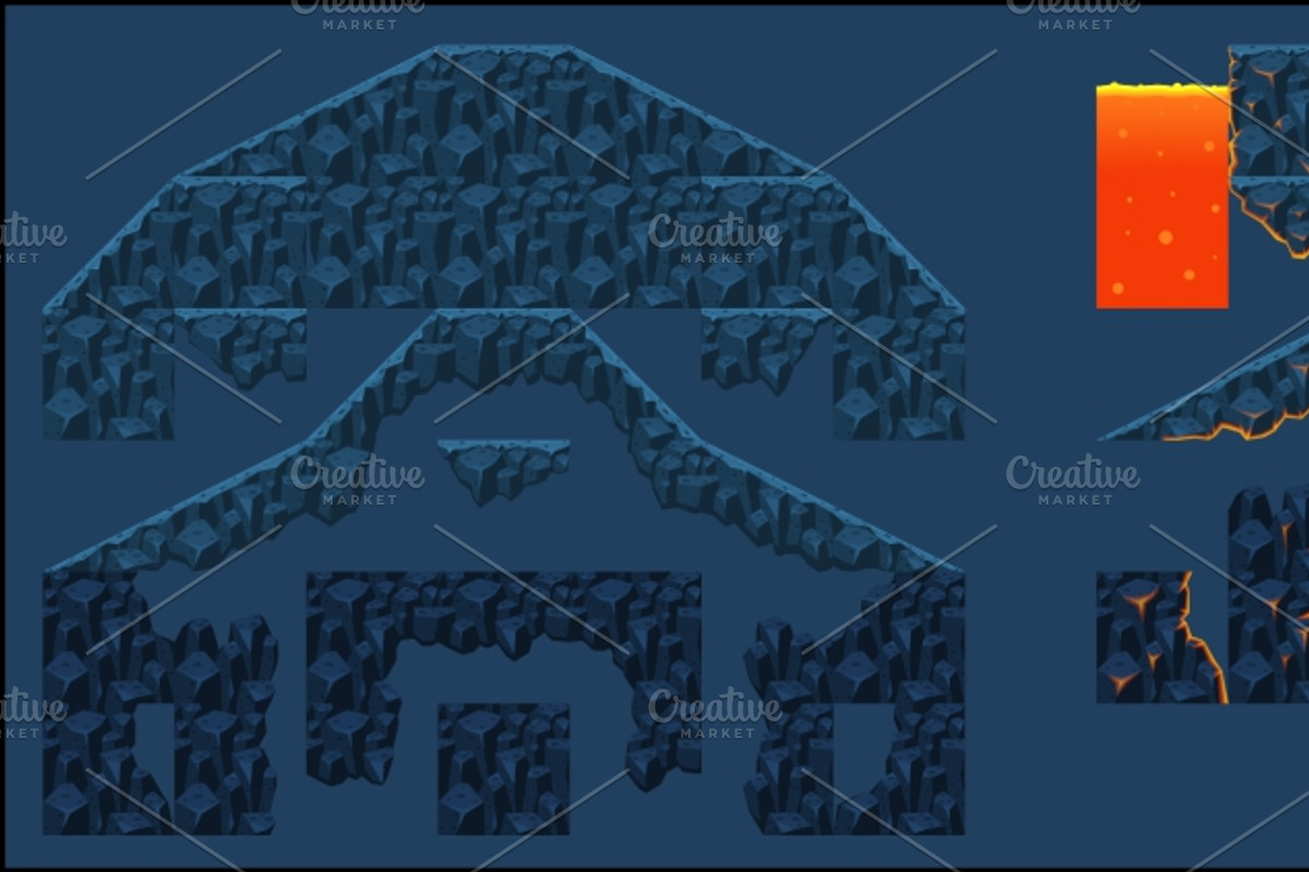 Lava Cave - Platformer Tileset, an Illustration by pzUH