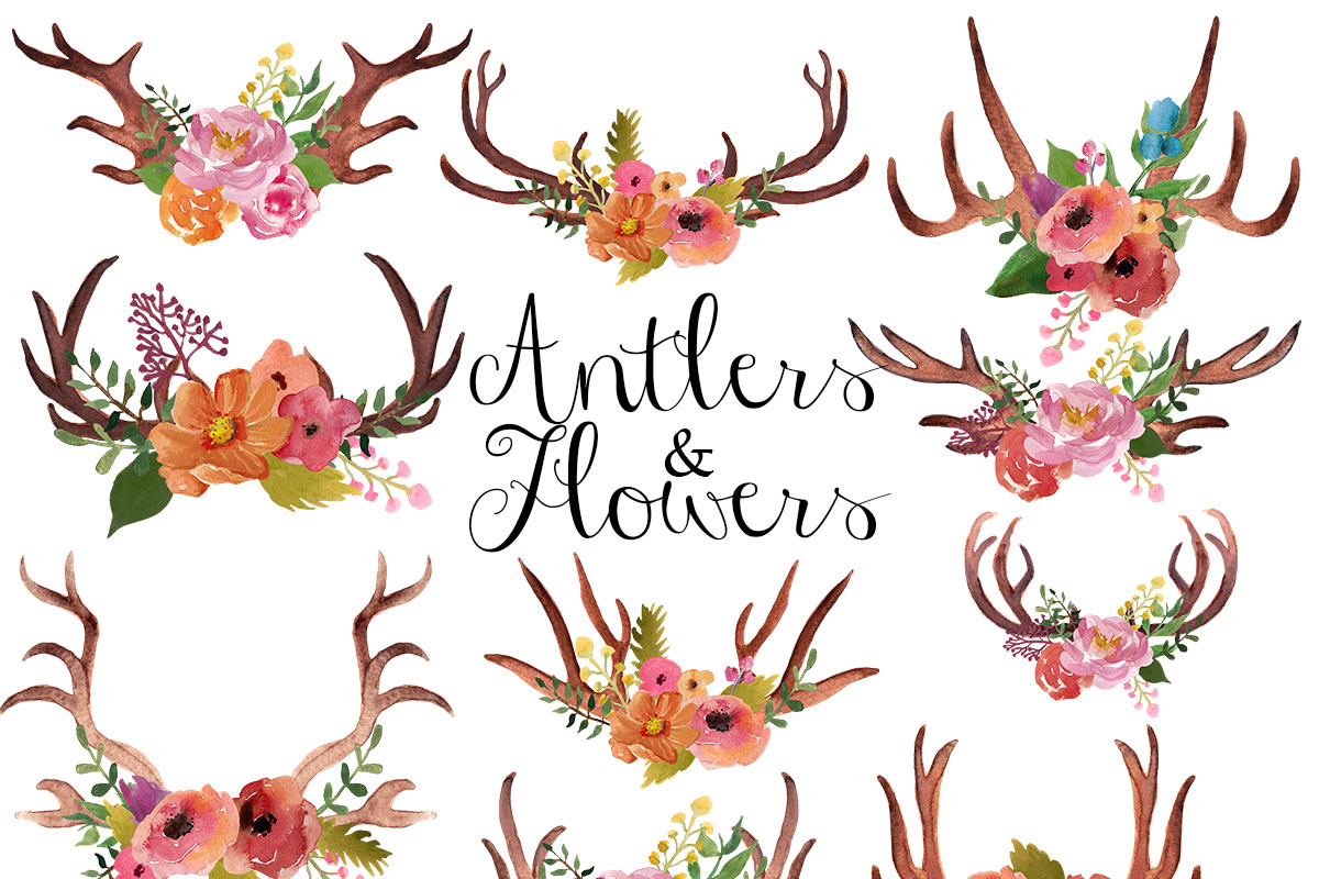 Antlers and flowers clip art, an Illustration by SandraGraphicDesign