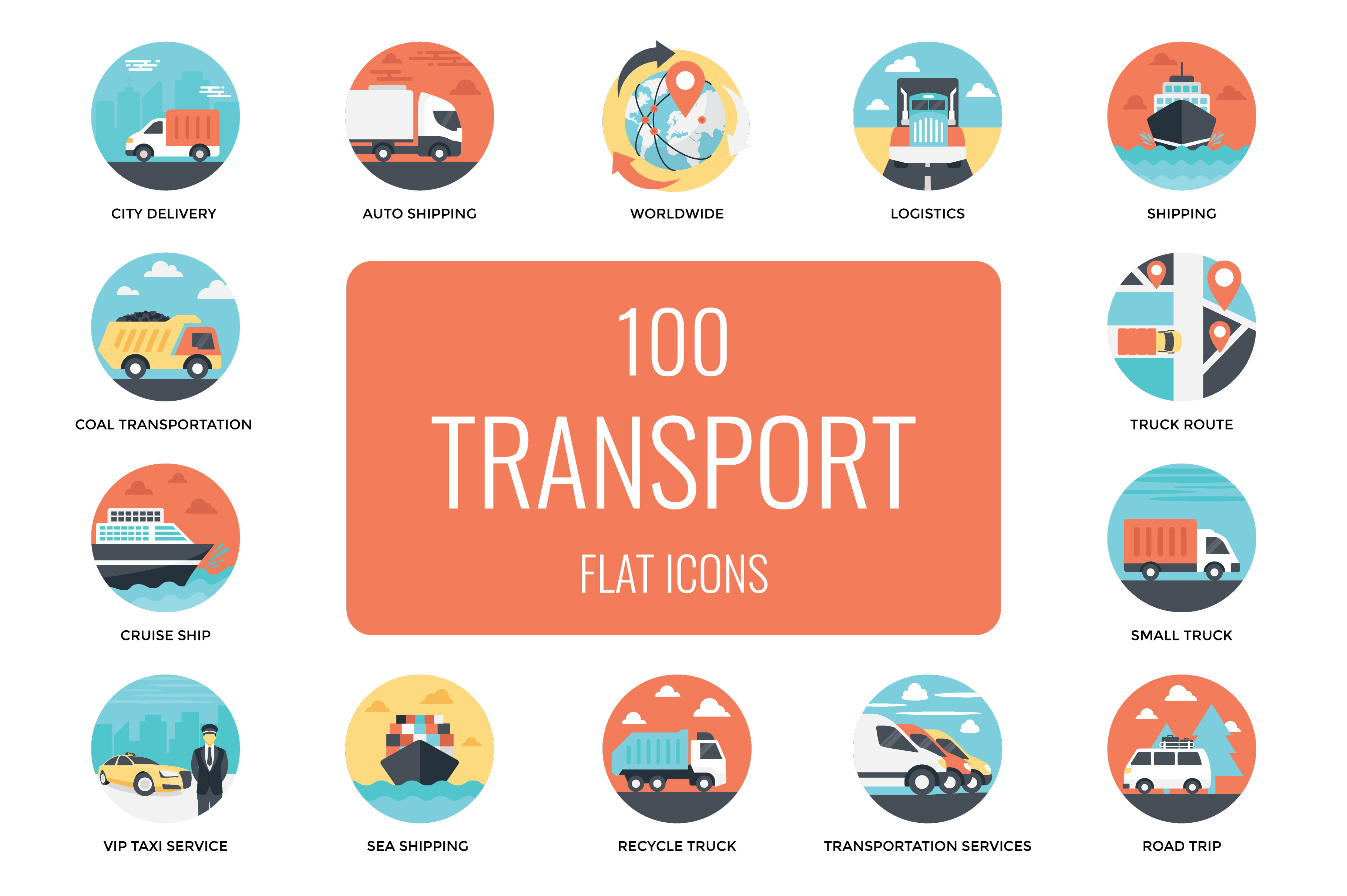 100 Flat Transportation Vector Icons, an Icon by Prosymbols