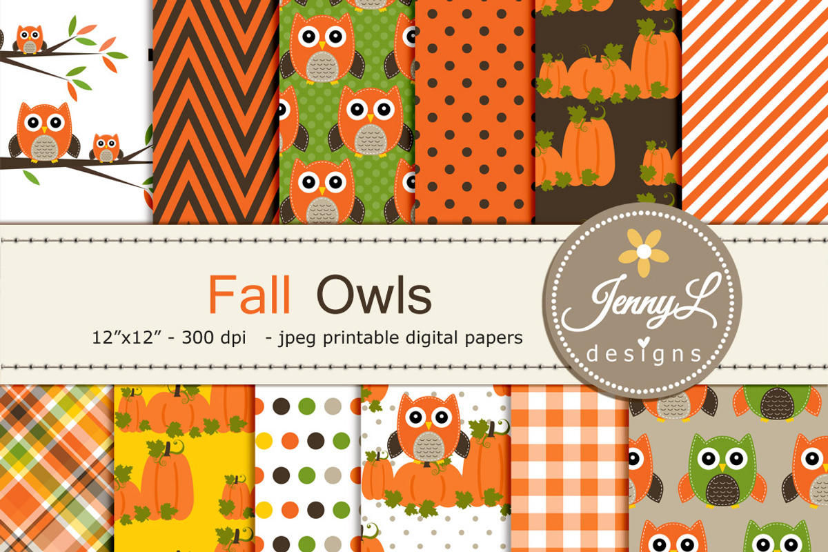 Fall Owl Autumn Digital Papers, a Pattern Graphic by JennyL Designs