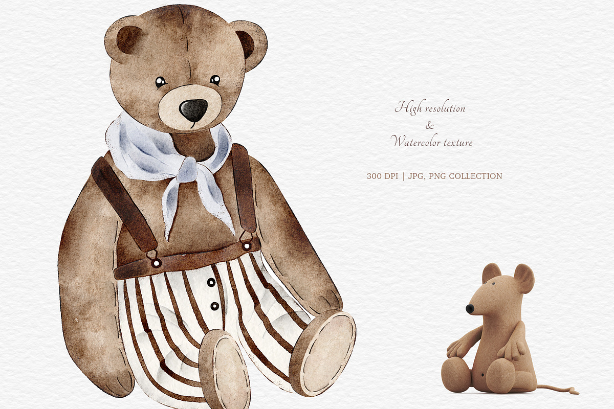 Watercolor Vintage Teddy Bear Set