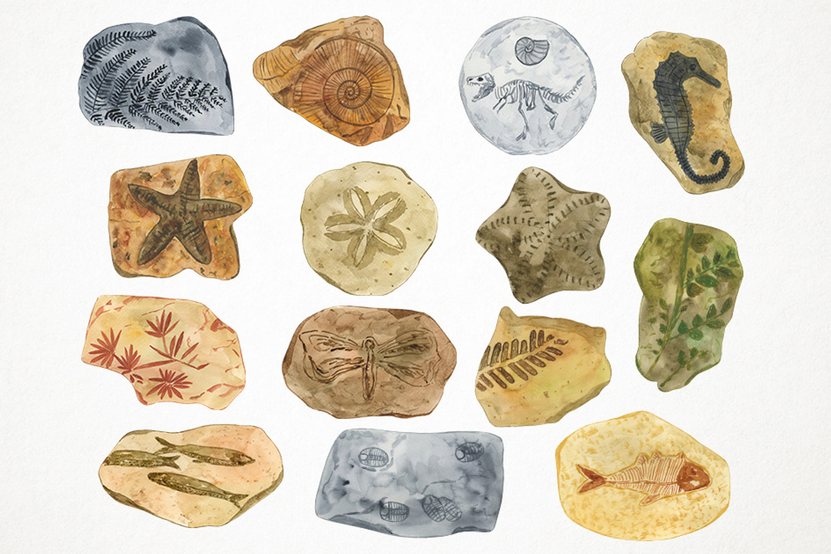 Watercolor Fossils Clipart, an Animal Illustration by Paulaparaula