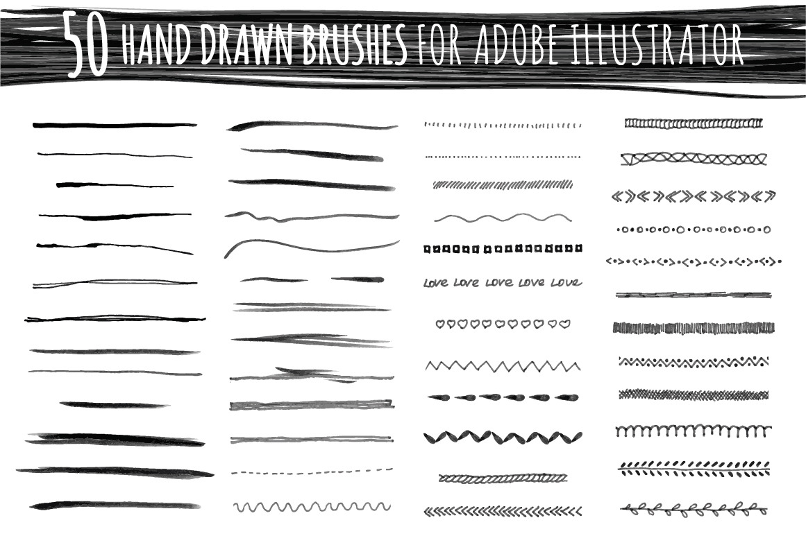 50 Adobe Illustrator vector brushes, a Brush Add-On by handsketched