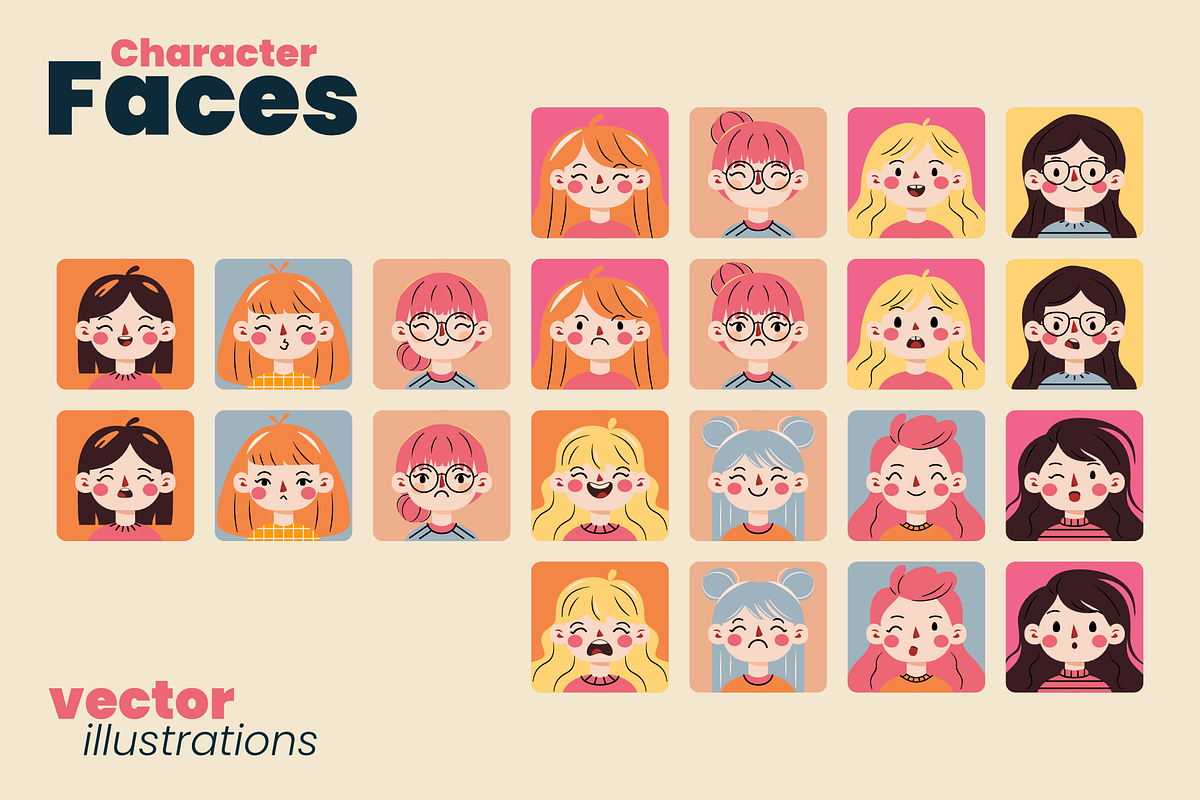 Character Faces Set, a Person Illustration by Monika_J