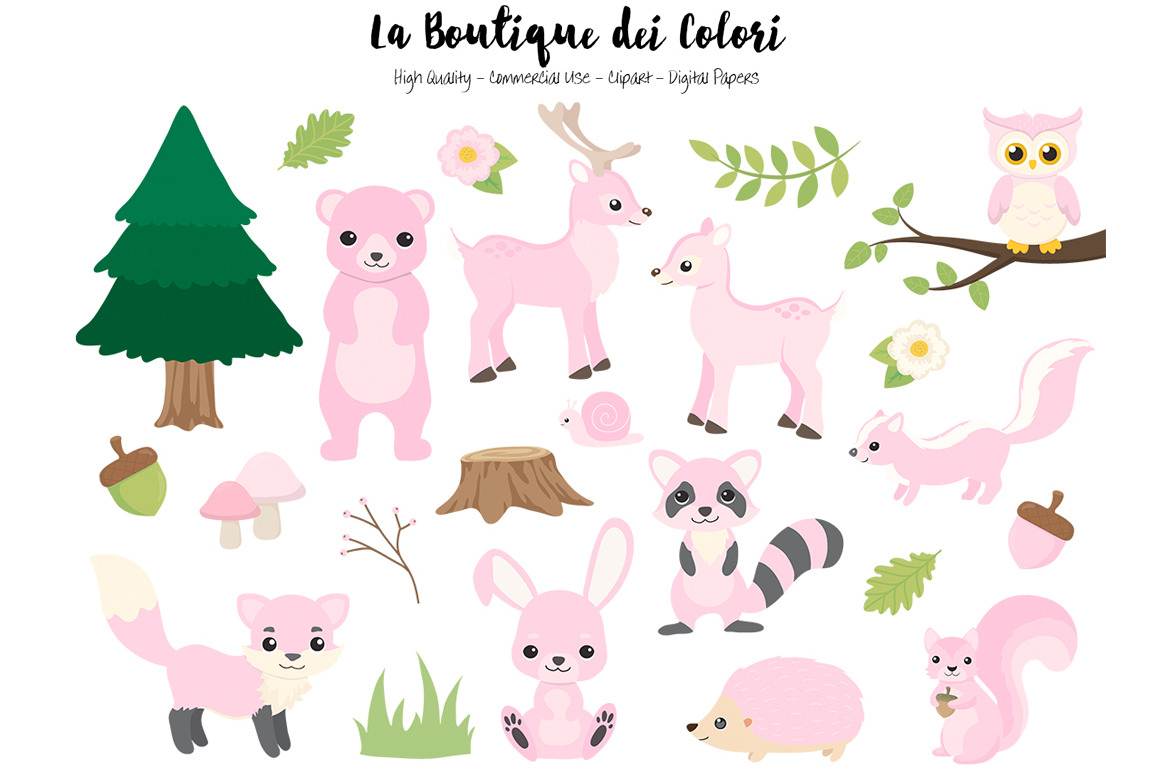 Pink Woodland Animal Clipart, an Animal Illustration by La Boutique dei ...