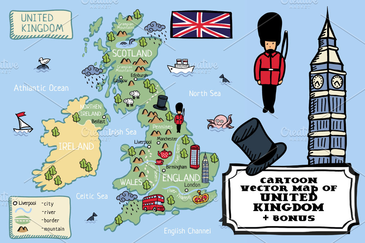 Cartoon map of United Kingdom +bonus, an Education Illustration by Nata ...