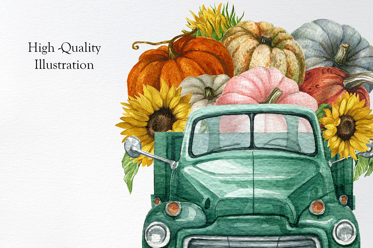 Watercolor Pumpkin Truck Clipart, an Illustration by yana.fefelova