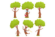 Set of funny comic tree characters showing various emotions, a ...