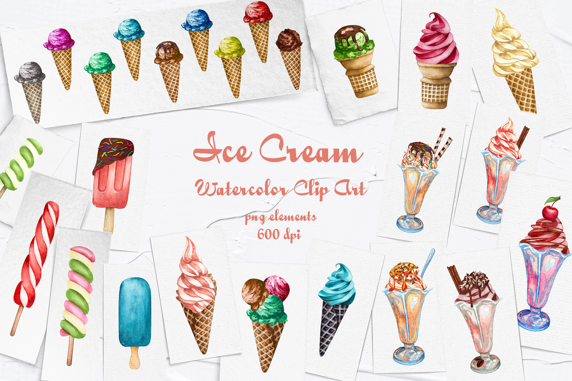 Ice cream Watercolor Clipart, a Food Illustration by BarvArt