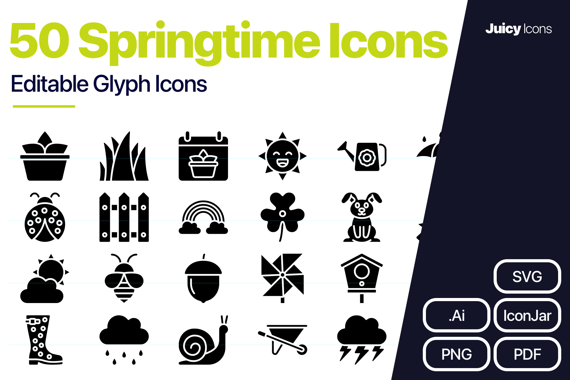 50 Springtime Glyph Vector Icons, an Outline Icon by Juicy Icons