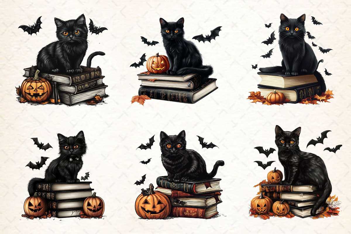 Halloween Black Cat on Books Clipart, a Work Illustration by Dream Creation