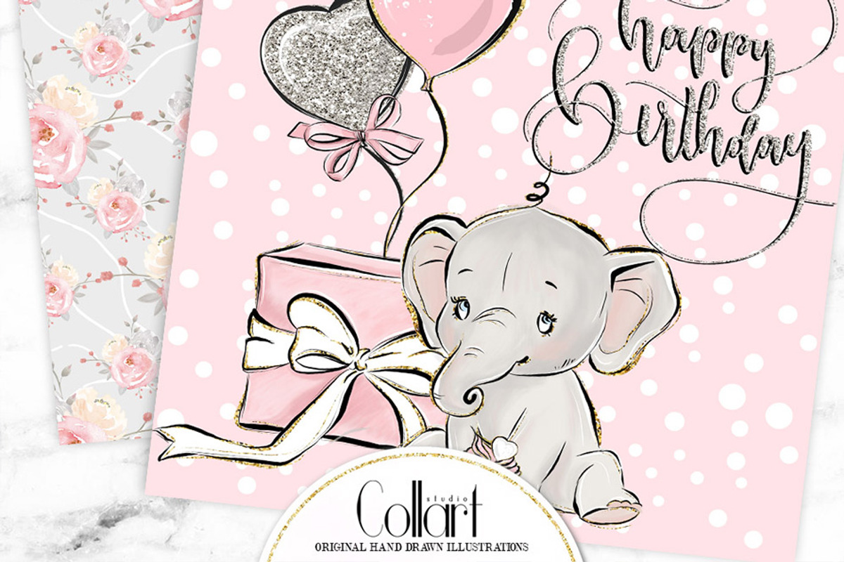 Elephant digital paper, baby girl, a Pattern Graphic by Collart Studio
