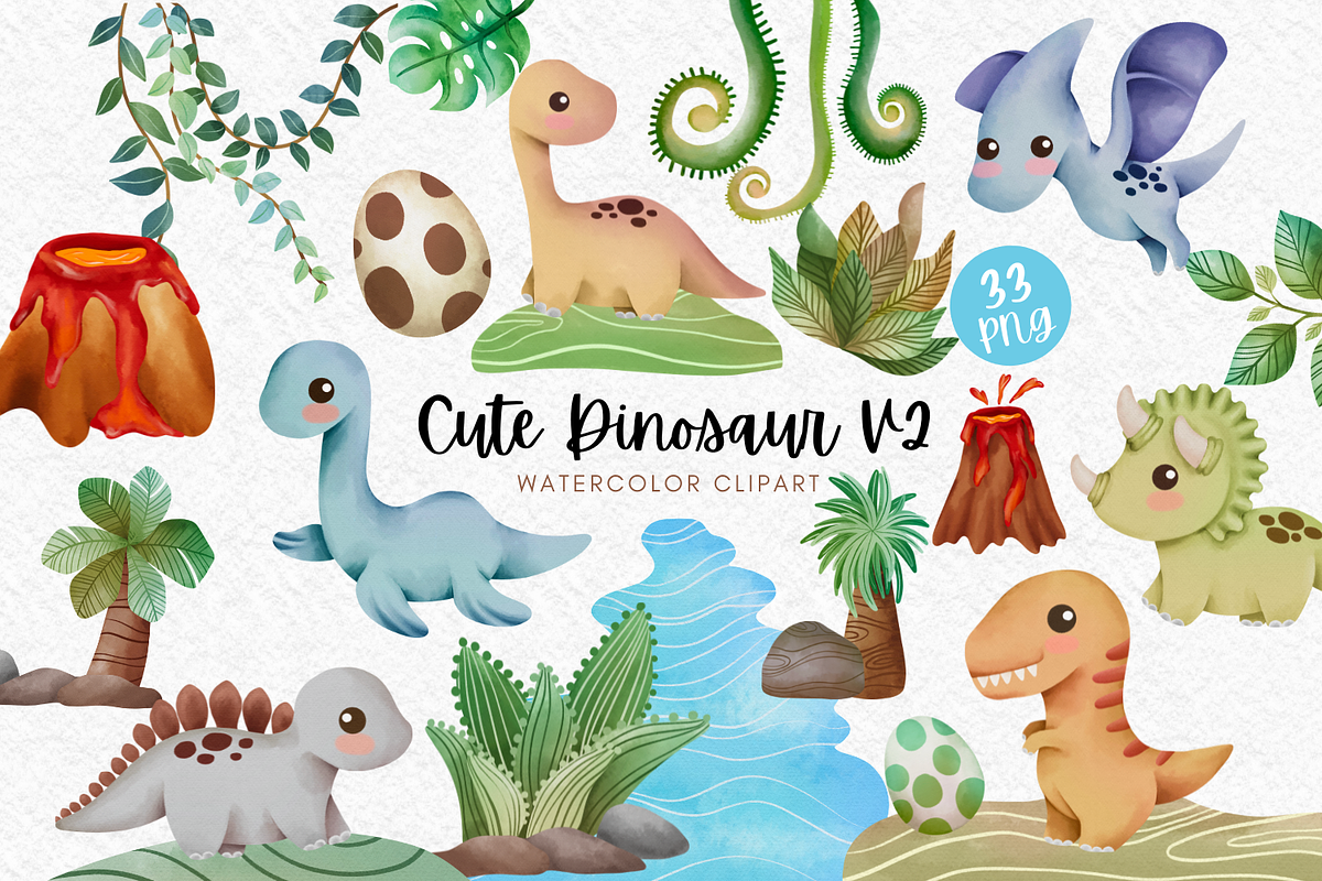Cute Dinosaurs V2 watercolor clipart, an Illustration by AkiraVilla