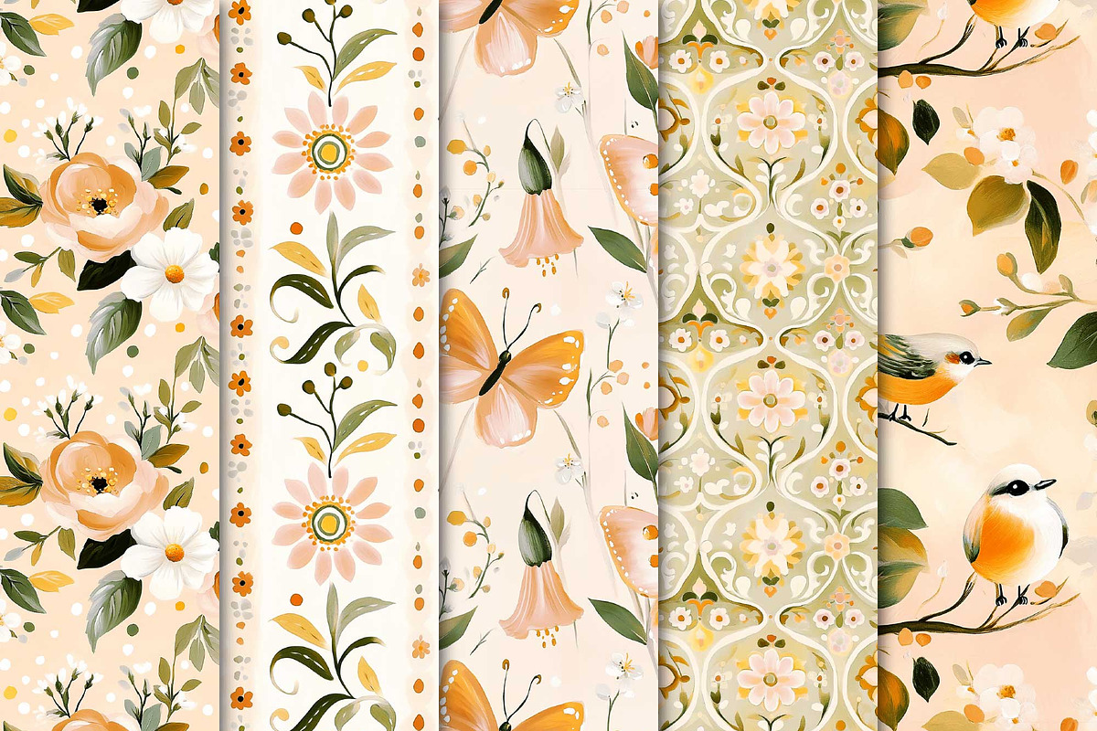Cute Floral and Bird Digital Papers, a Pattern Graphic by Maishop