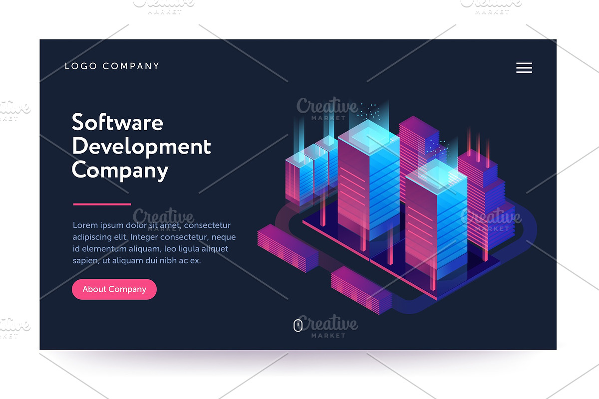Software development company illustration. Web banner with neon light ...