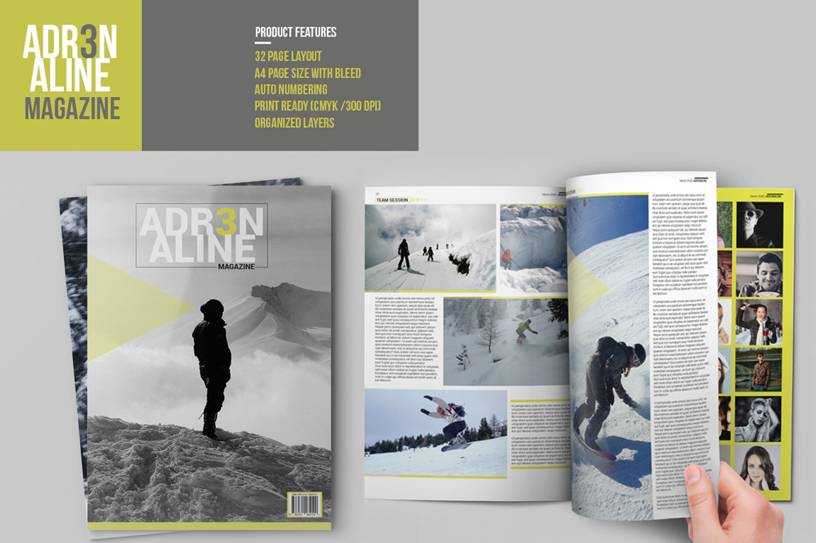 Adrenaline Magazine Template, a Magazine Template by Magoo Studio