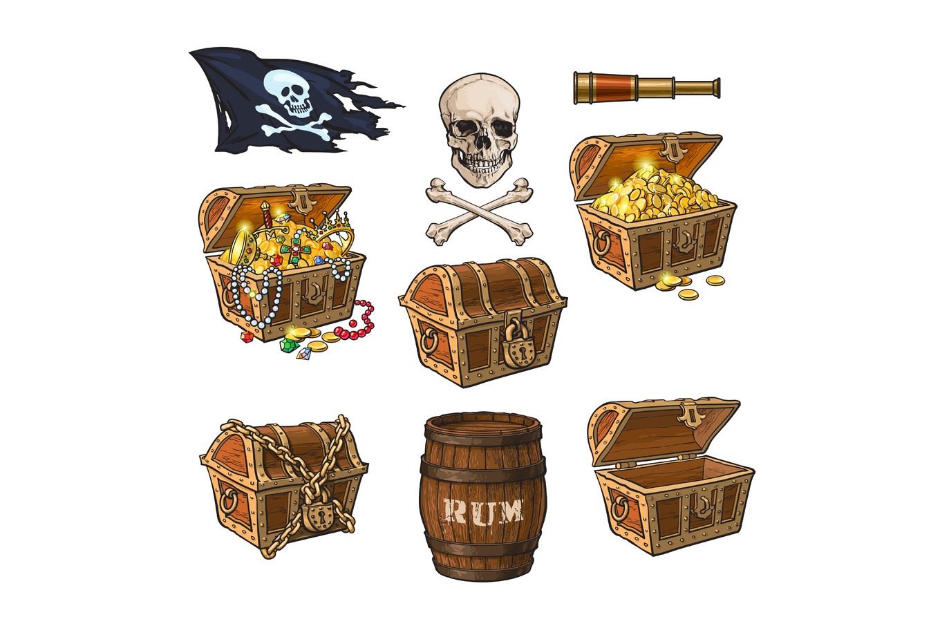 Pirate objects, treasure chests, flag, rum barrel, an Object Graphic by ...