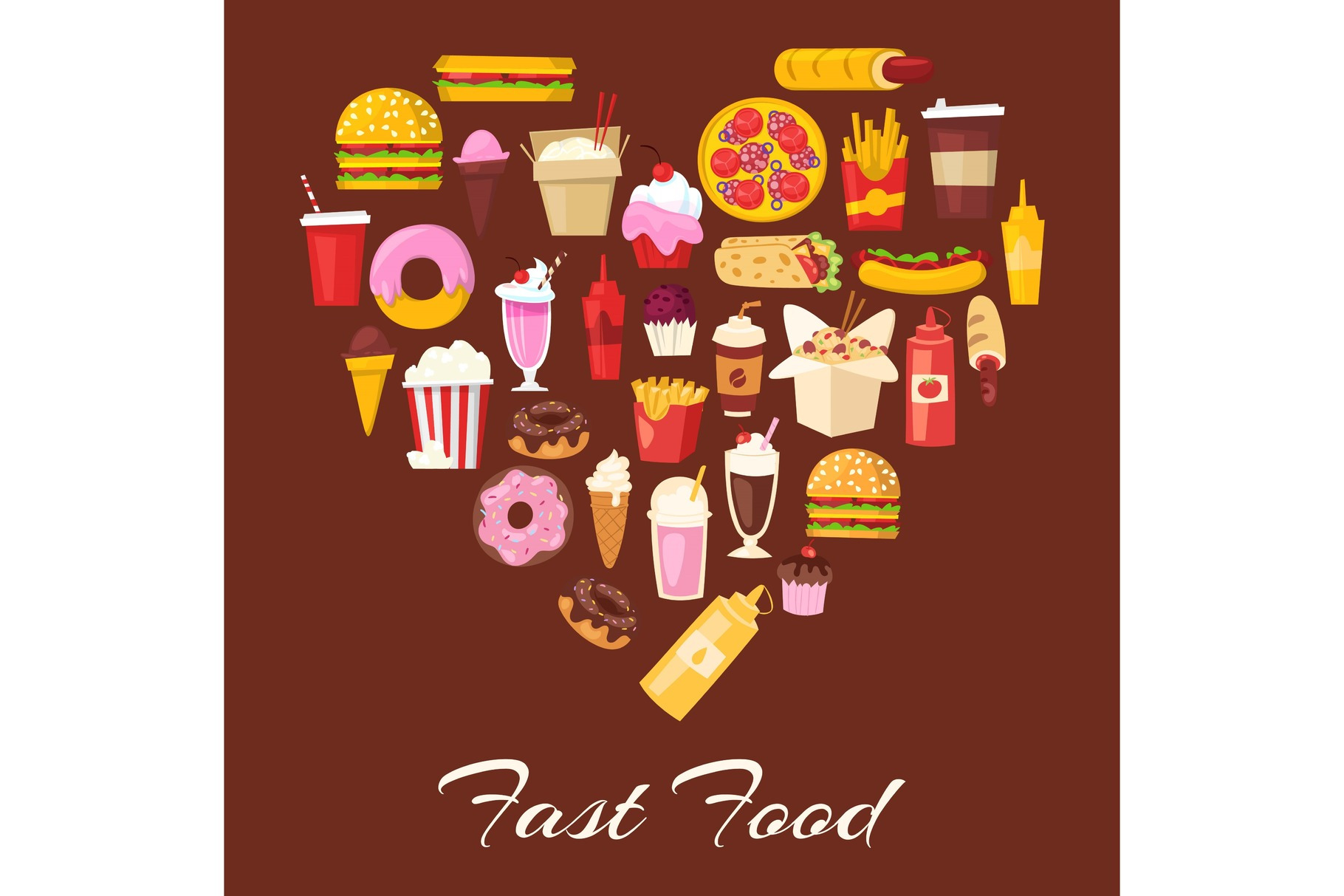 Fast food in heart shape vector, a Food Illustration by RocketArt