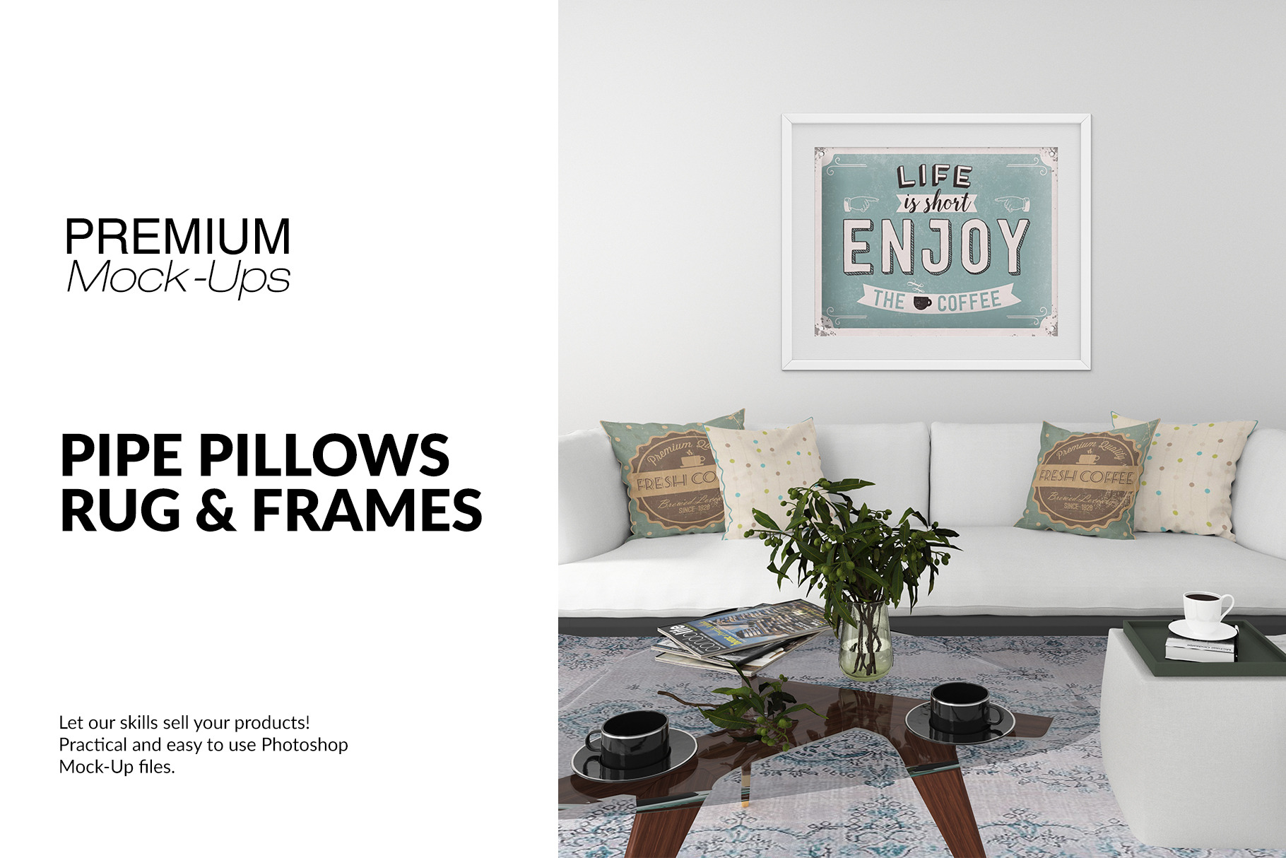 Pipe Pillows, Carpet & Frames Set, a Product Mockup by mock-ups
