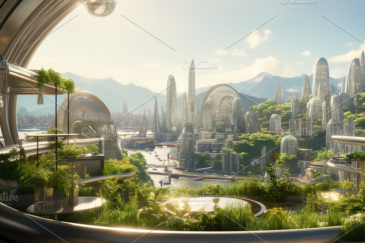 Futuristic city view, green plants o, an Illustration by Lopatin Photo