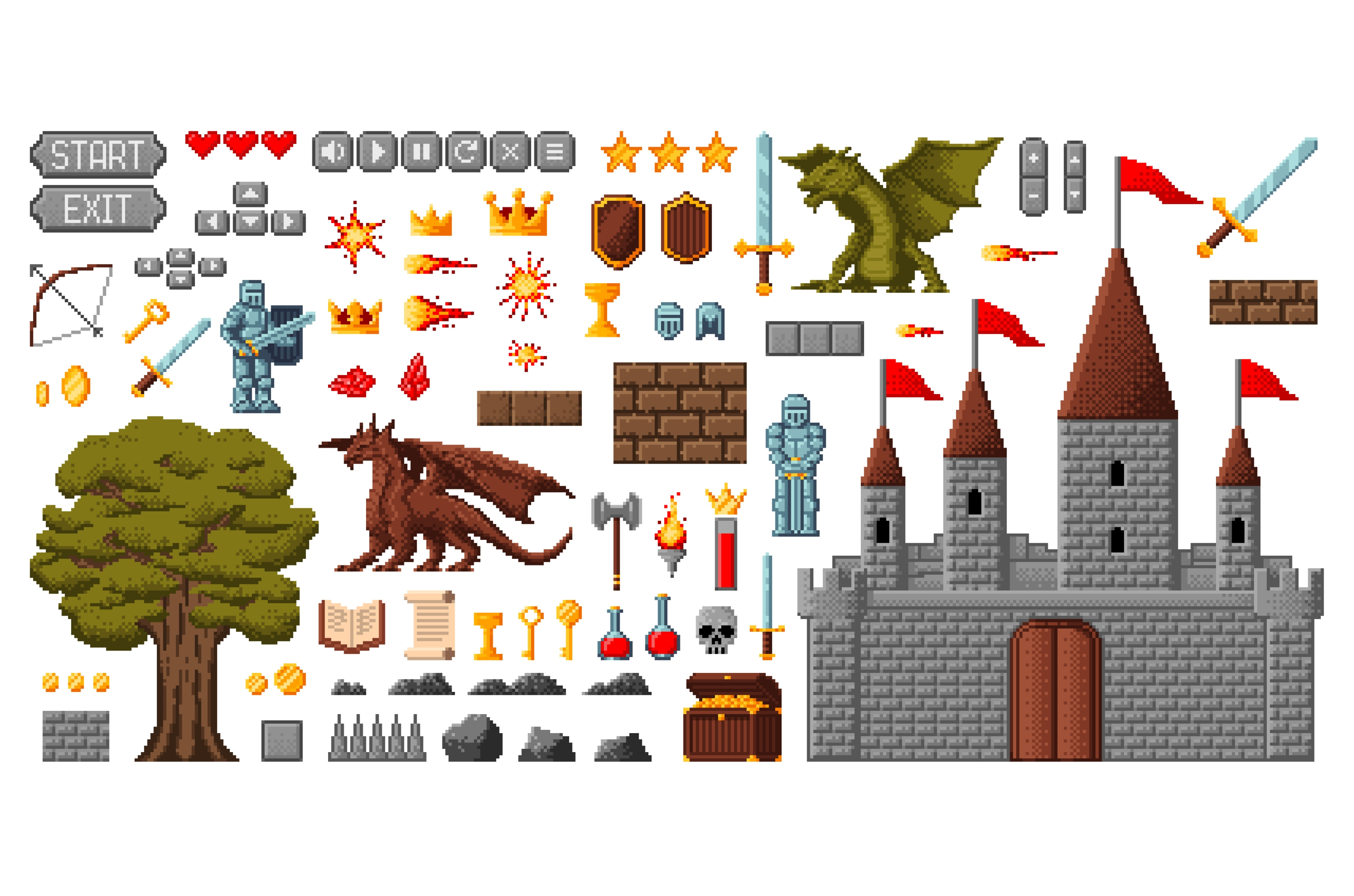8bit pixel game asset knights castle, an Object Illustration by Vector ...