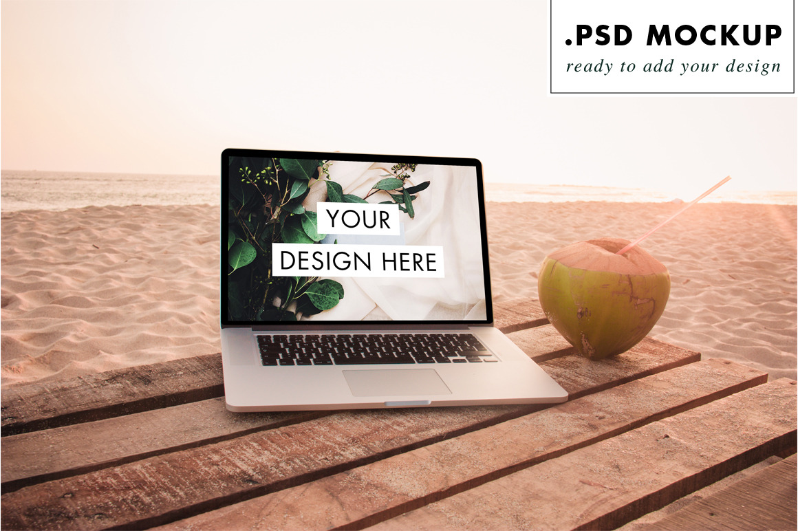 Paradise beach laptop PSD, a Mac Mockup by Travelling Mockups