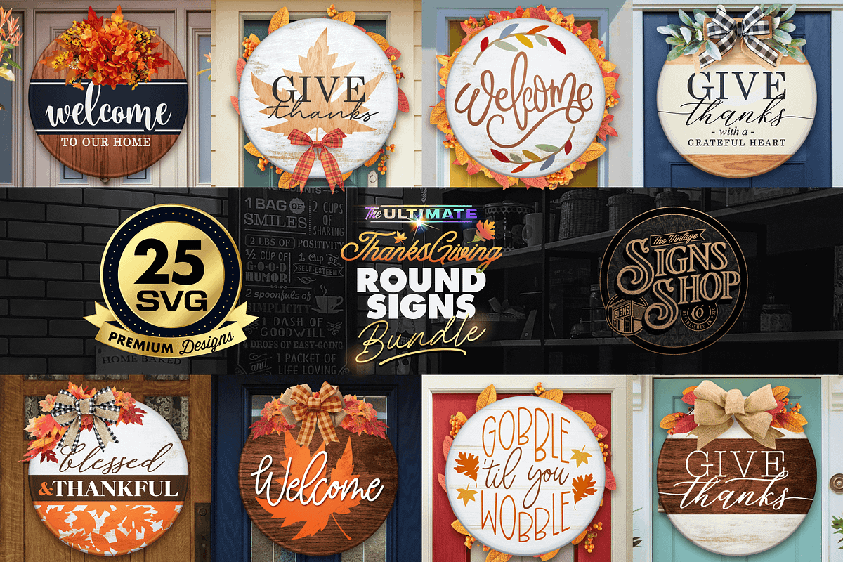25 ThanksGiving Round Signs SVG Bund, a Seasonal Illustration by Asaelv ...