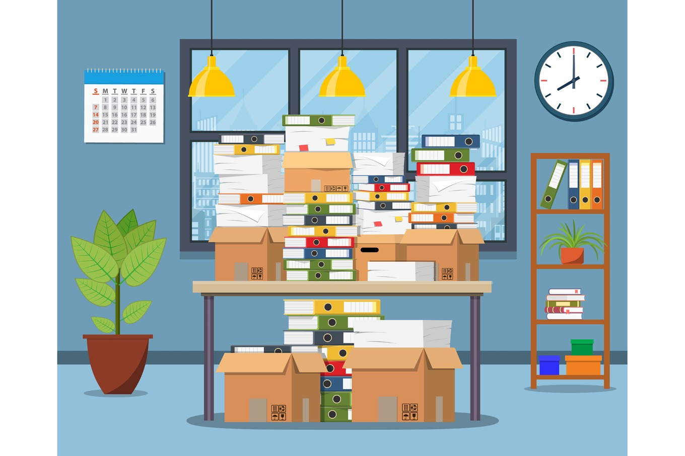 Pile of paper documents and file folders on table, a Work Illustration ...