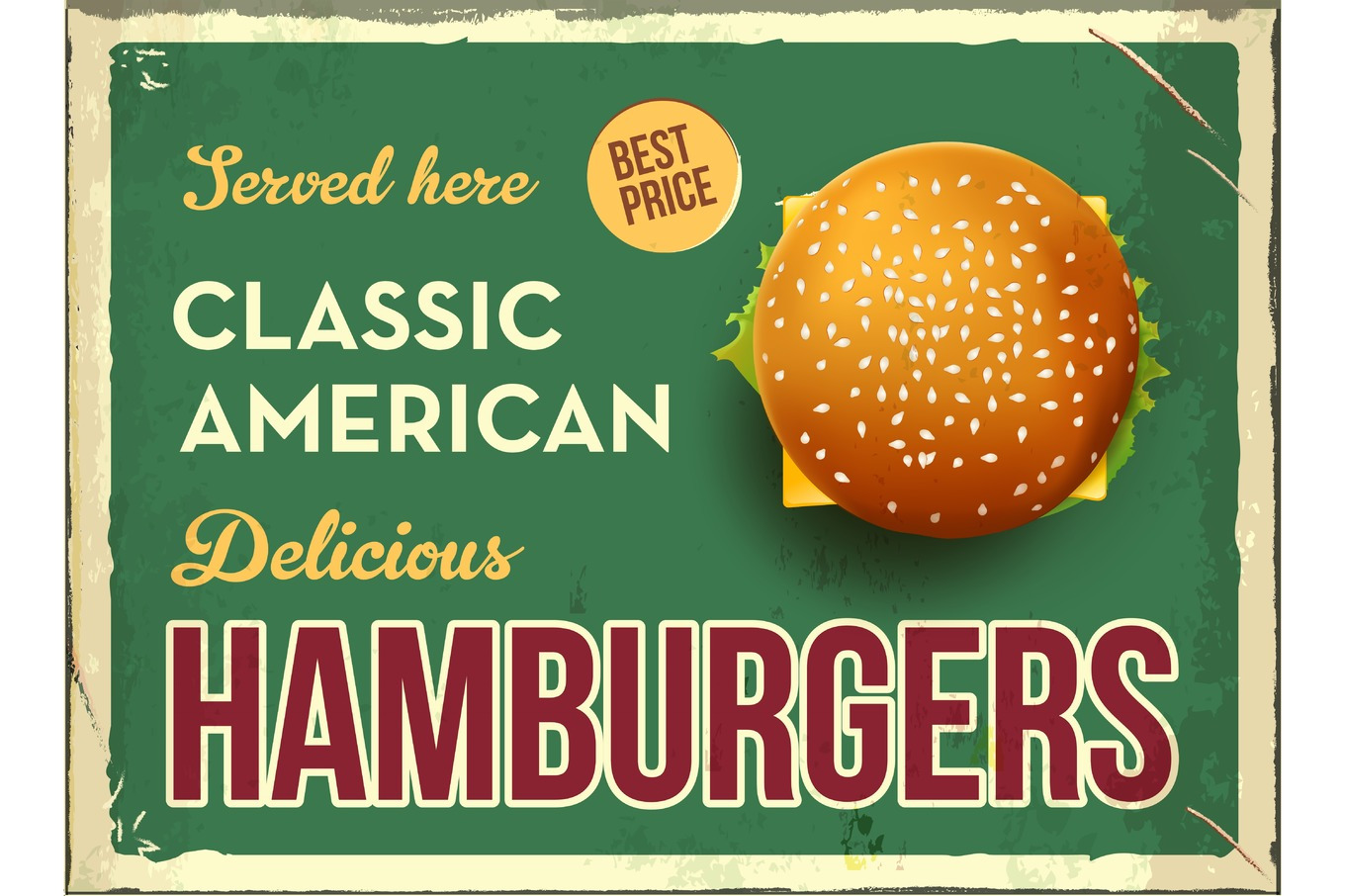 Grunge retro metal sign with hamburger. Classic american fast food ...