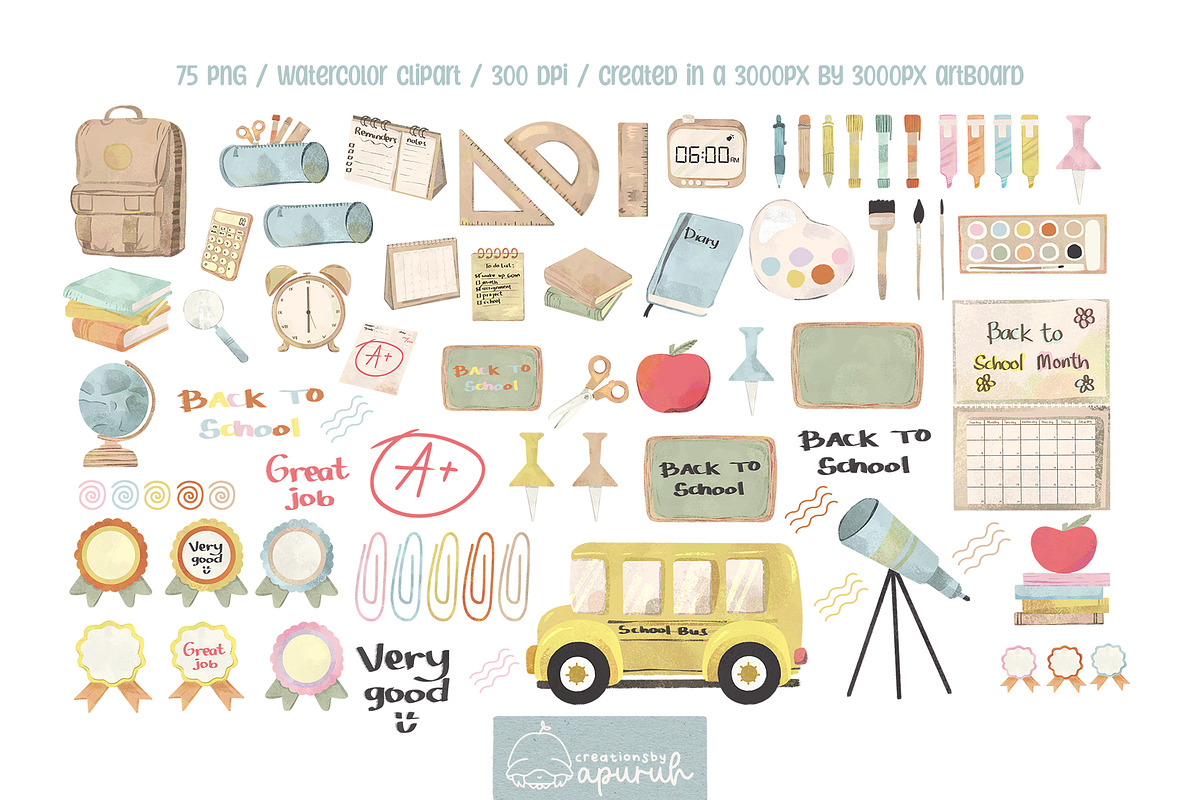 Back to School Watercolor Clipart, an Education Illustration by ...