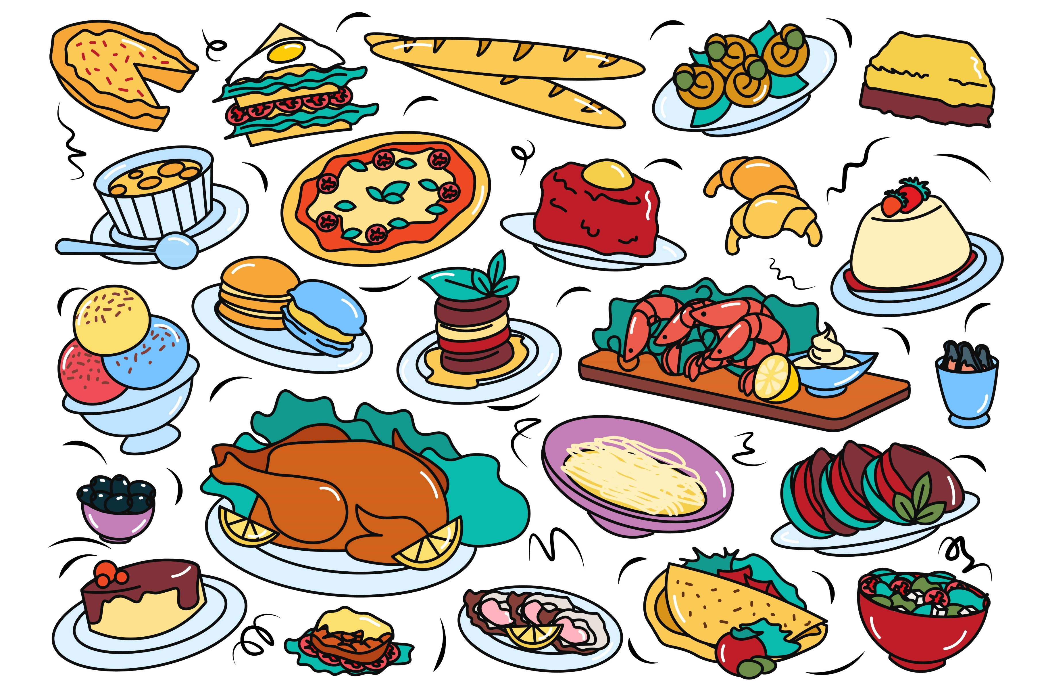 Flat cartoon set of French food, a Food Illustration by Dessign Sells