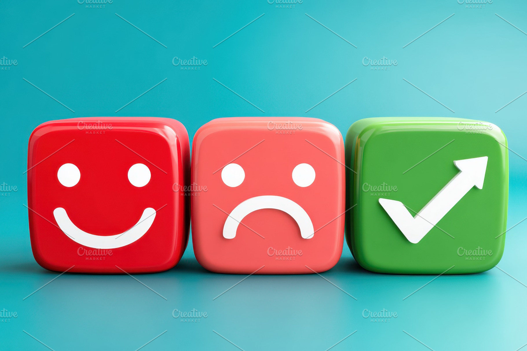 Emotional feedback cubes with smiley faces and check mark, an Abstract ...