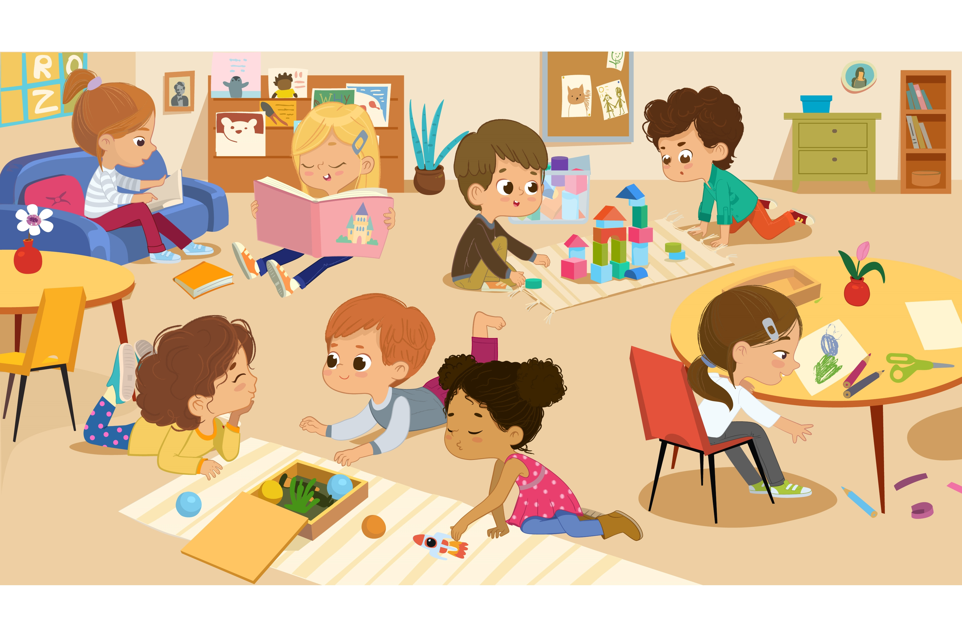 Kids play together in kindergarden | Education Illustrations ~ Creative ...
