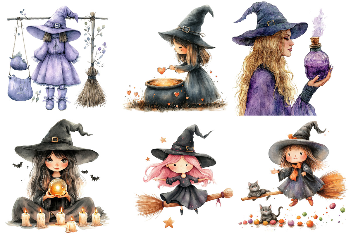 Halloween witches Clipart, an Illustration by Watercolor design